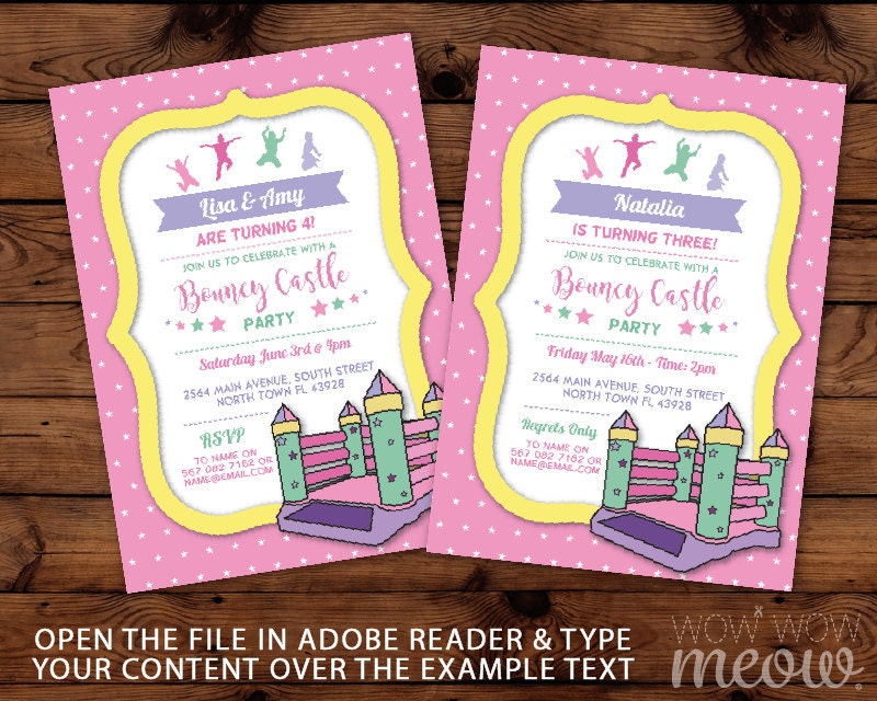 Bouncy Castle Party Invitation Pink Girl's Jump Bounce