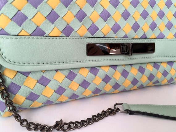 Leather clutch Tricolor Mint Yellow Purple leather by PomponiBags