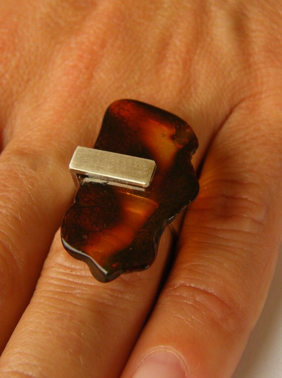 Ring genuine Amber Ring matte sterling Silver 925 rail