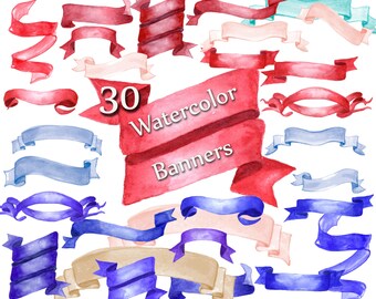 Watercolor Banners ribbons Clipart: 25 Digital files. Light
