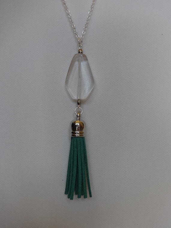Items similar to Extra Long Tassel Pendant Necklace in Silver/Clear ...