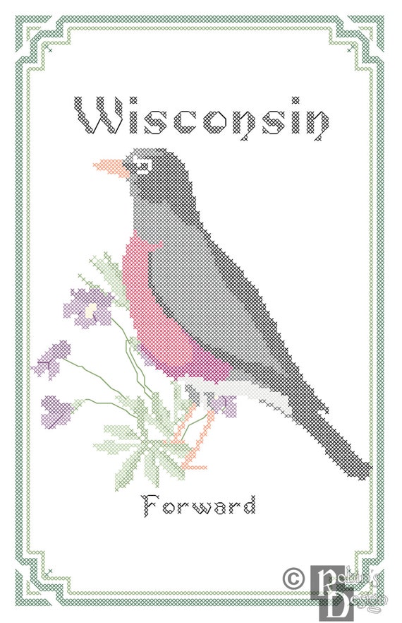Wisconsin State Bird Flower and Motto Cross Stitch by robinsdesign