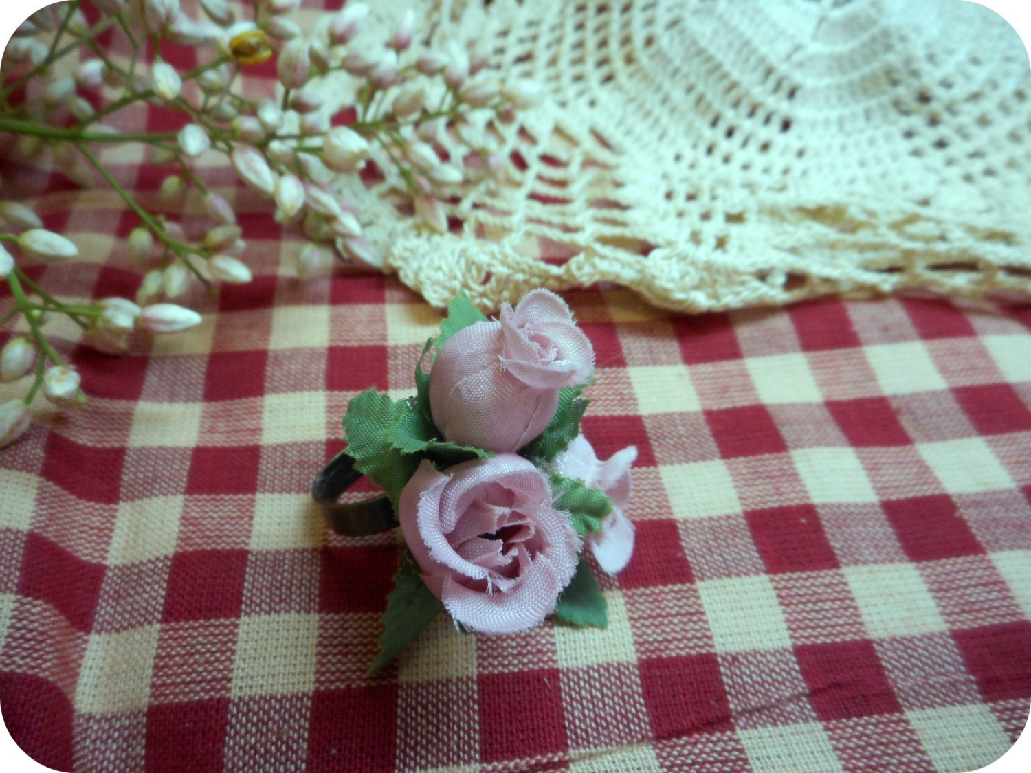 Prom or Bridal Finger Corsage Ring. Pink Rose Bud Satin
