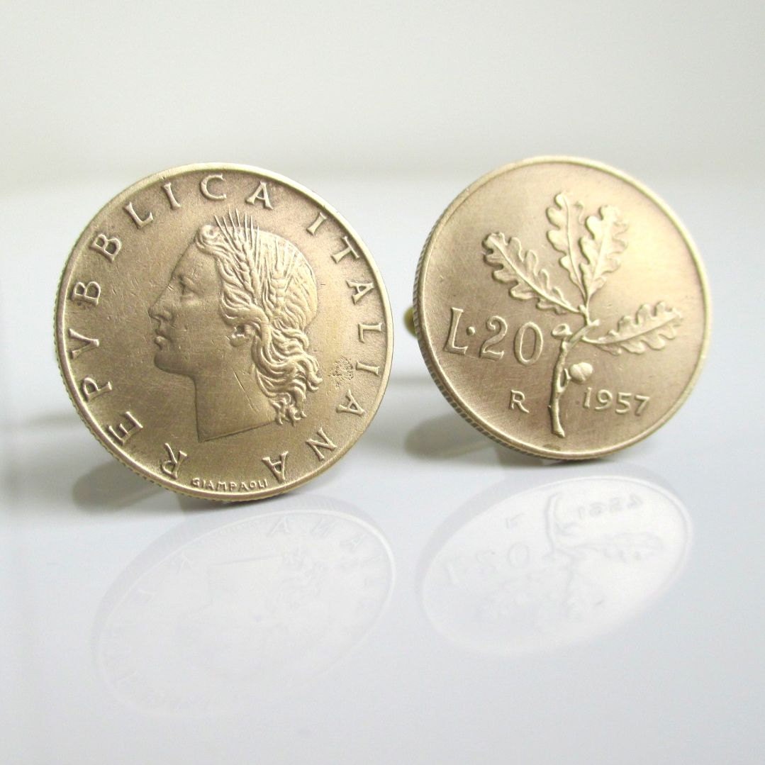 Italy Coin Cuff Links Repubblica Italiana Gold Lire 1957 by lucra