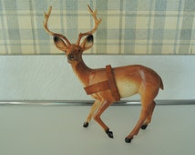 Large Plastic Reindeer, Leather harness, Christmas, Antlers, Vintage