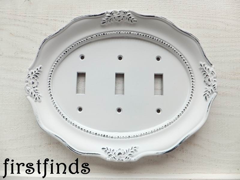 Triple Light Switch Plate Cover Electrical Shabby Chic White