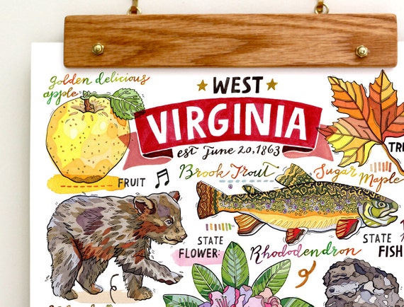 West Virginia Print State Symbols Illustration Map