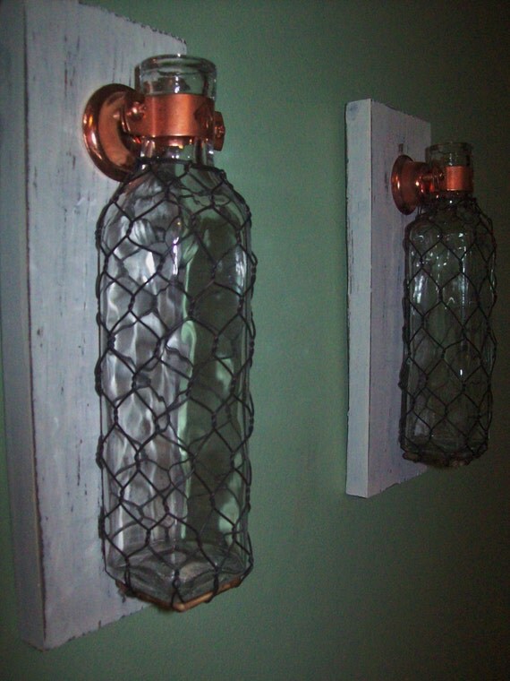 Items similar to Chicken Wire Glass Bottle Vase Sconce Pair DISTRESSED ...