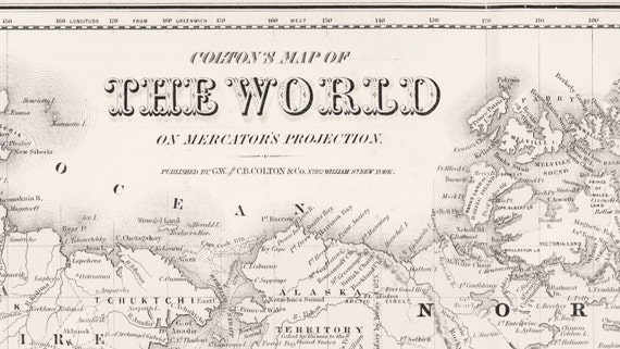 World Map Print : Nursery World Map print art poster 1852