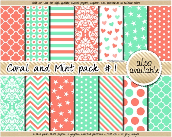 SALE coral and mint digital paper nautical by TheDigiRainbow