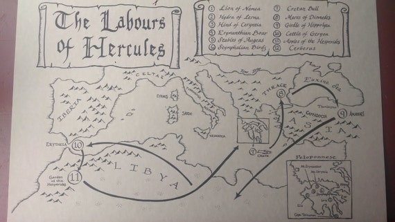 Items similar to Map of Hercules' labors, hand-drawn on Etsy
