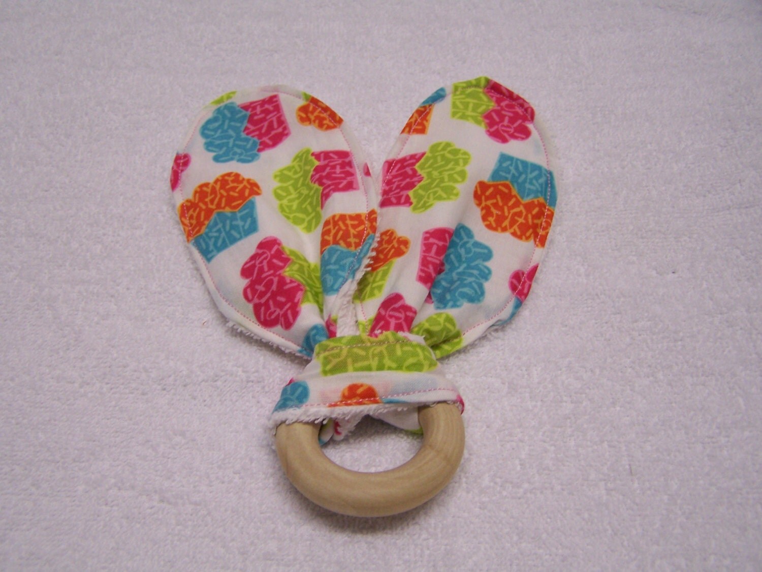 Bunny Ear Teether Wooden Teething Ring with Fabric Sensory