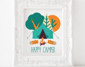 Happy Camper Print Camping wall art Summer Camp Art Cute