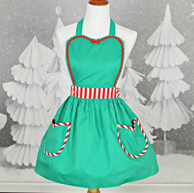 CHRISTMAS apron womens full apron in green with red stripes