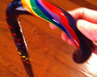 Dark Purple Wood Walking Cane with Rainbow Swirl Handle and Cascade of ...