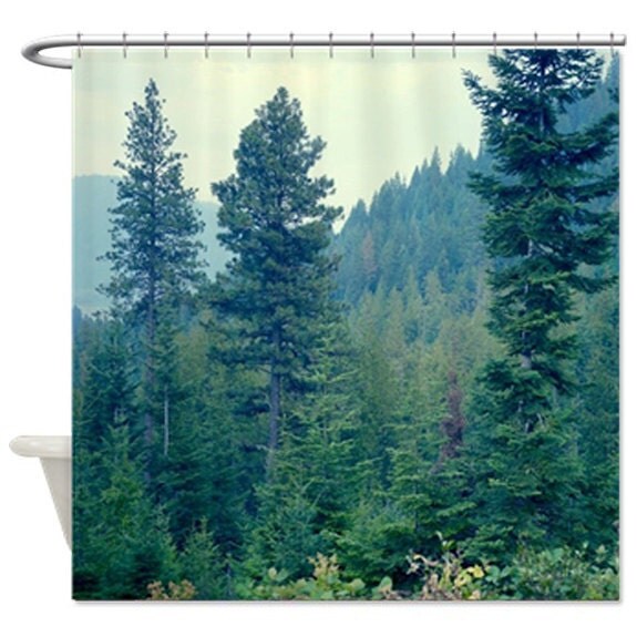 Forest shower curtain pine tree shower curtain green bath