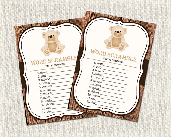 Word Scramble Teddy Bear Baby Shower Games Rustic Wood Word