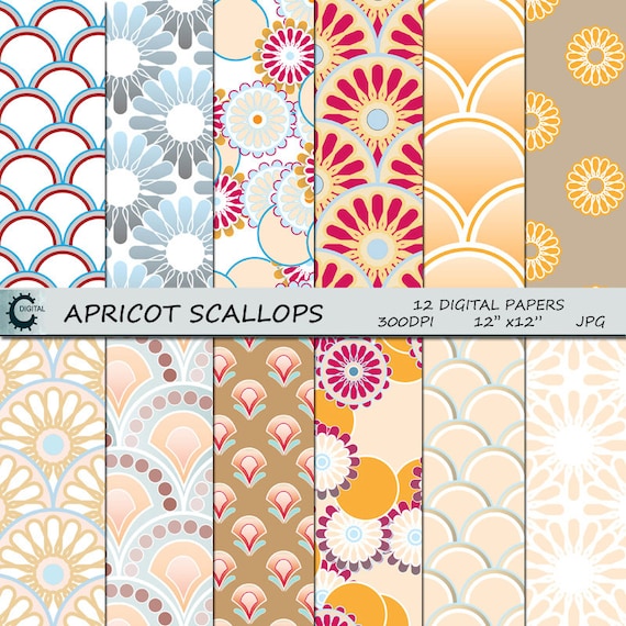 Apricot Scallops & Flowers Digital Paper Collection 12x12