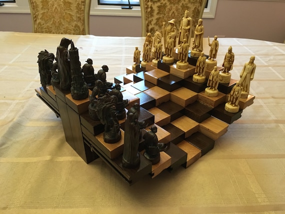 Multilevel 3D Handmade Wooden Chessboard with Chess Pieces
