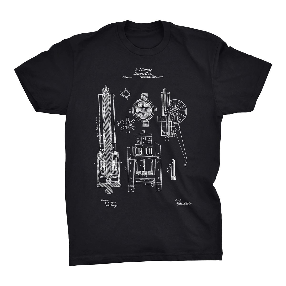 Machine Gun Patent T-Shirt. Gatling Gun Blueprint Tee. Printed