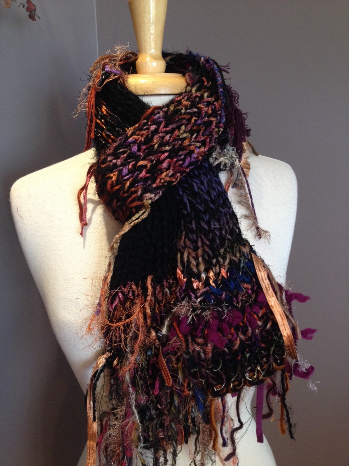 Hand Knit Funky Scarf Scrappy Knit by RockPaperScissorsEtc