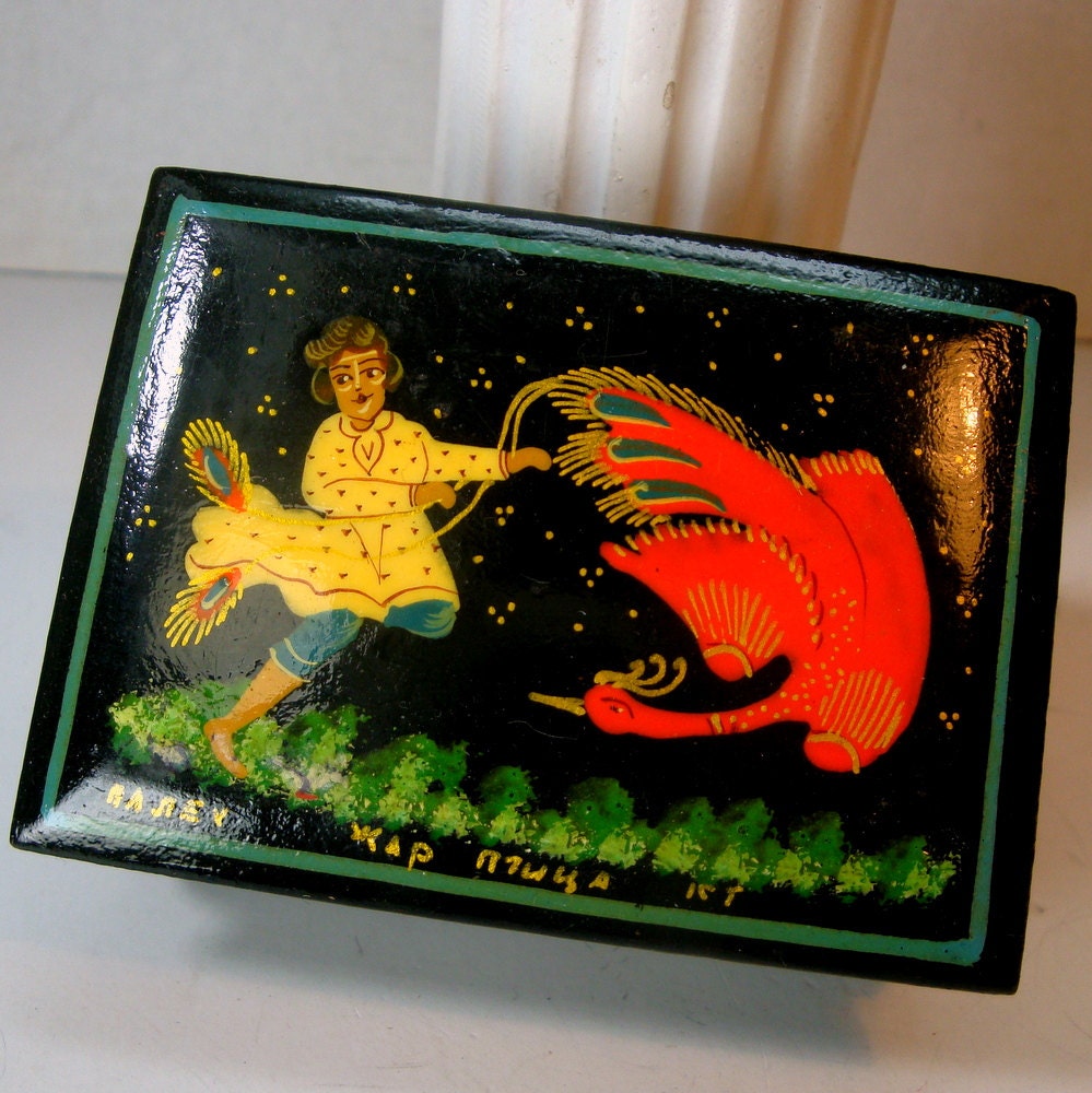Russian Lacquer Box, 1980s Handpainted FIREBIRD and Man Scene Hinged ...