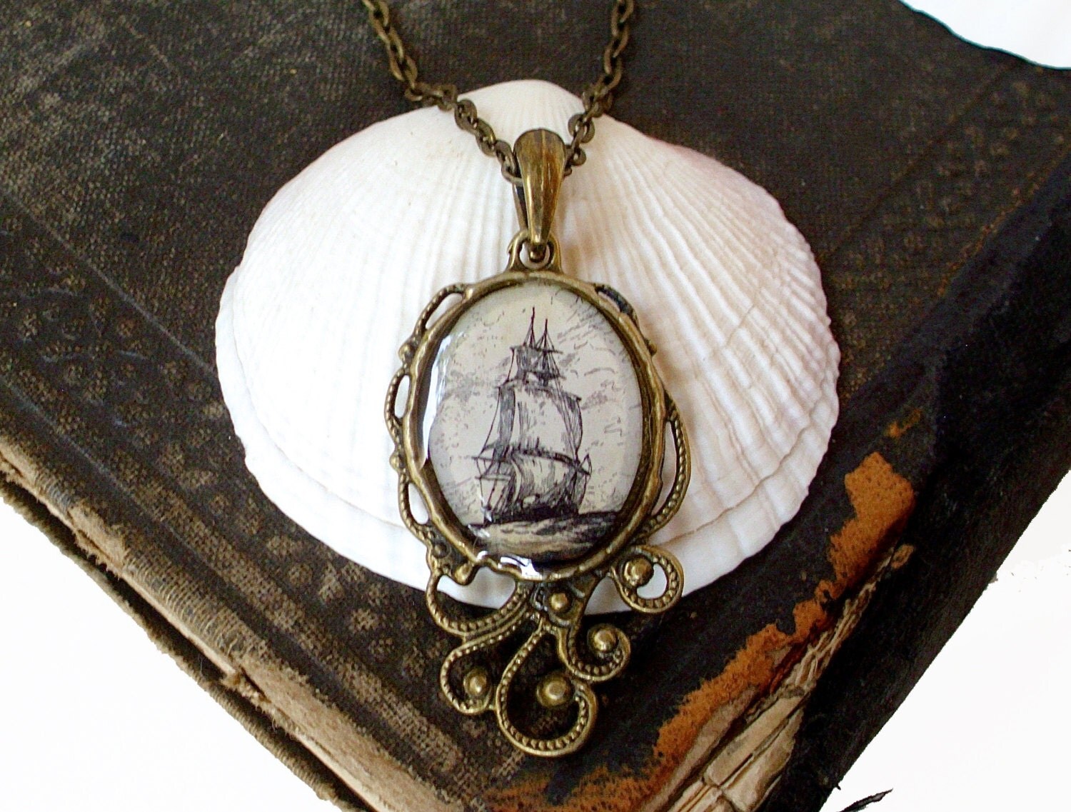 Pirate Ship Necklace High Seas Antique Nautical Print
