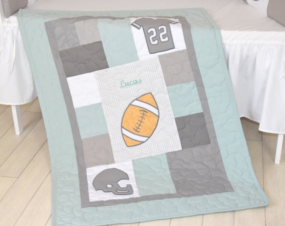 Football Blanket Baby Boy Sports Crib Bedding Gray Mint