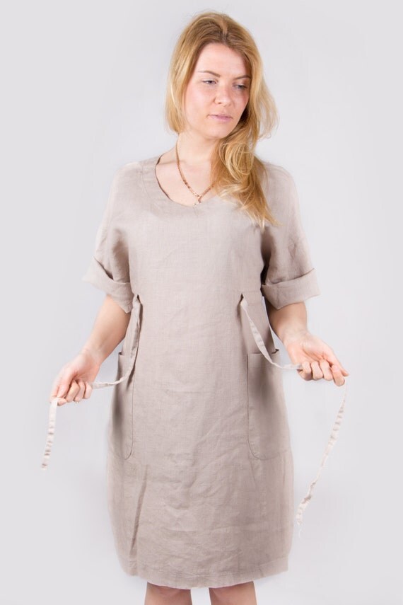 Beige dress Linen dress Oversize linen dress V by Maliposhaclothes