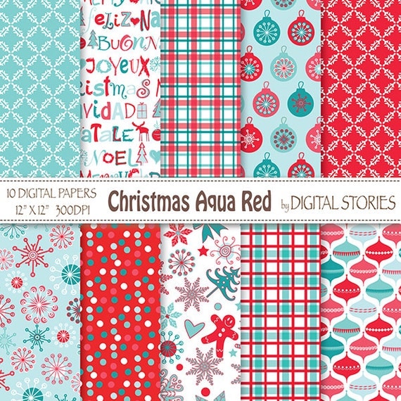 Christmas Digital Paper: CHRISTMAS AQUA RED