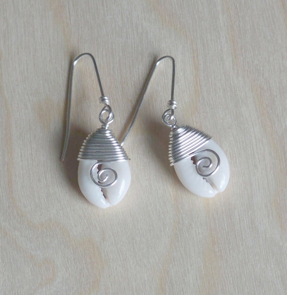 Wire Wrapped Cowrie Shell Earrings Beach Cowrie Shell