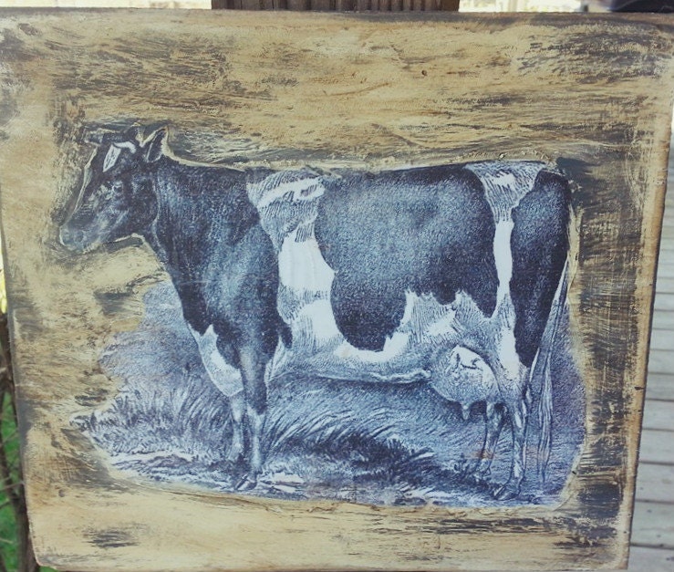 Vintage Primitive Cow Painted Wood Picture Primitive Cow