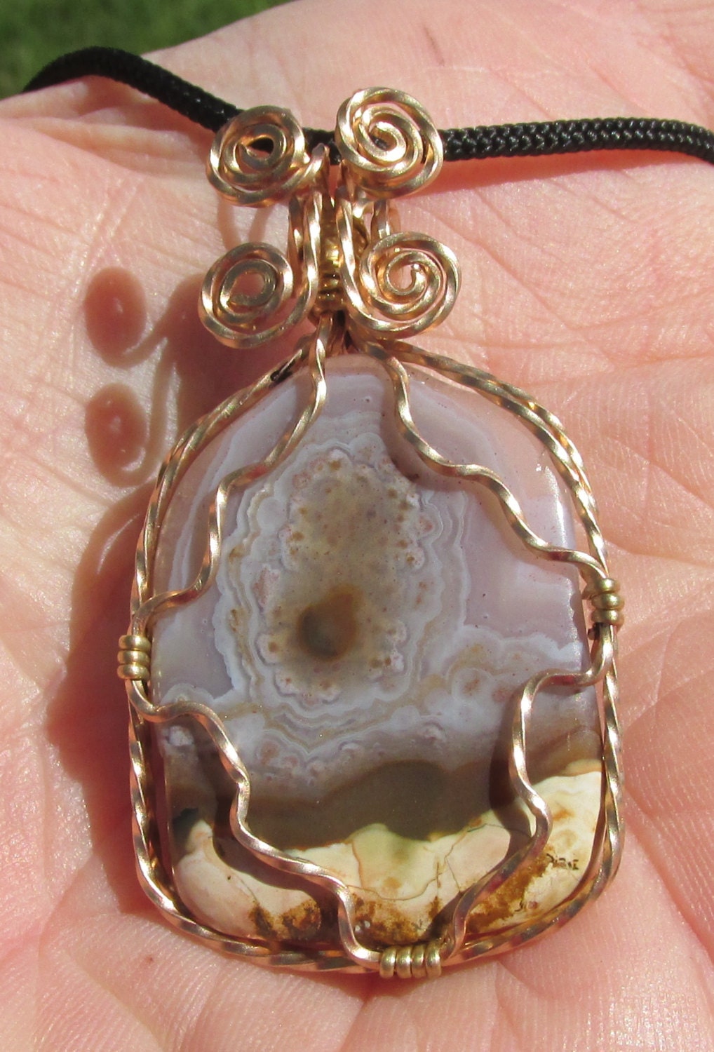 Agate Slice pendant wrapped in twisted Bronze wire Necklace