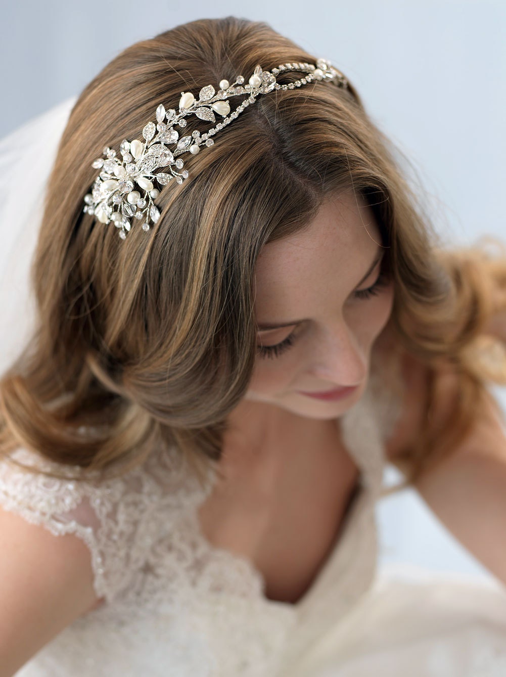Pearl & Crystal Bridal Headband Side Wedding Headpiece by USABride