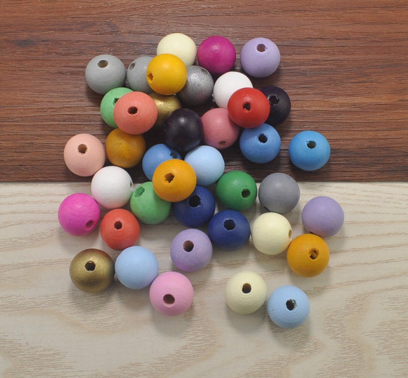 50pcs Painted Wood BeadsRound Bead NecklaceGeometric Wooden