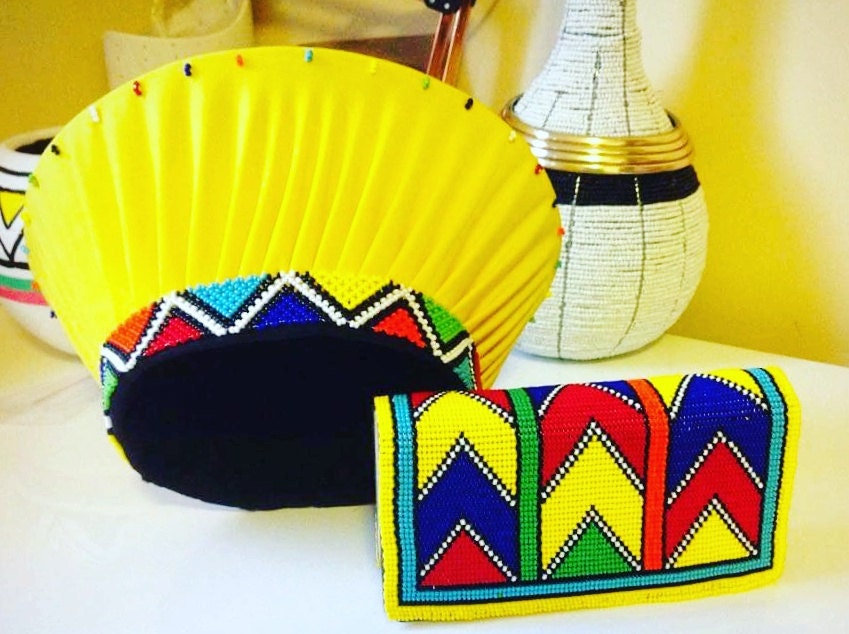Ndebele and Zulu traditional beaded hat and clutch by ZuluBeads