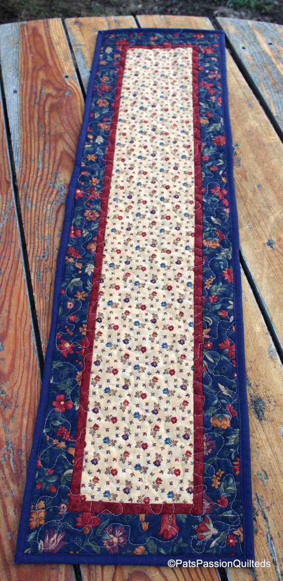 Quilted Table Runner Blue Floral Navy Cranberry Gold Table