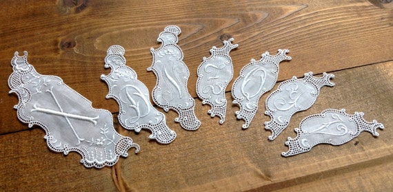 Items similar to Lot of 7 lace monogram initial embroidery vintage ...