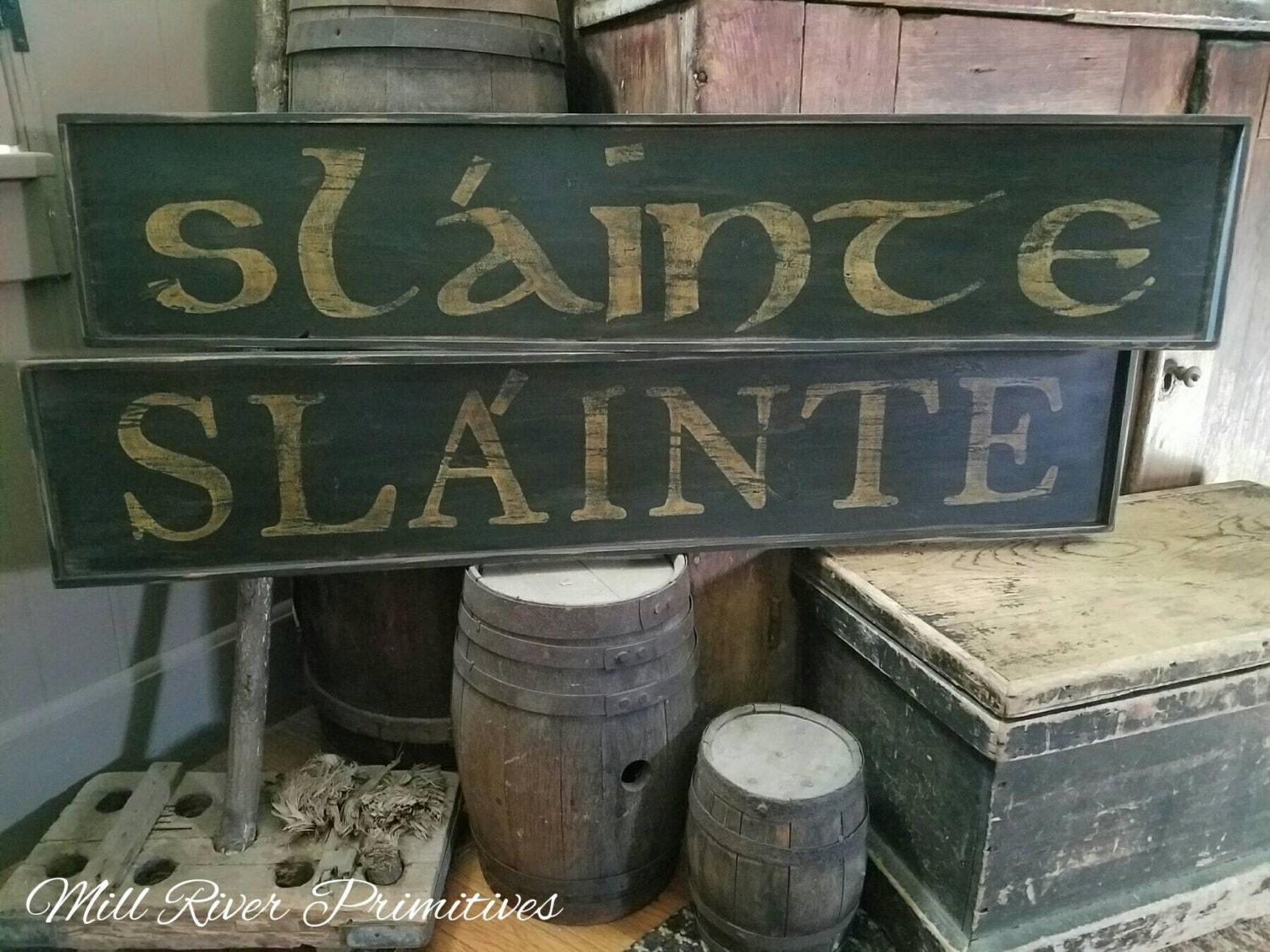 Early looking Antique Primitive SLAINTE Wooden Sign Irish