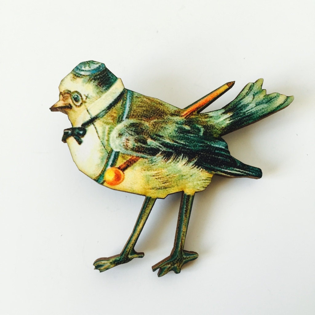 Bird in Monocle Bow Tie as Brooch Animal like a Human Birthday