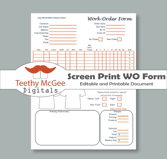 Editable Work Order Form for Screen Printing Instant