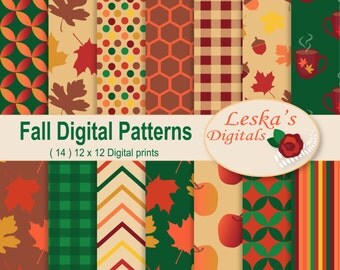 Autumn digital paper Fall Patterns with leaves acorns pumpkin
