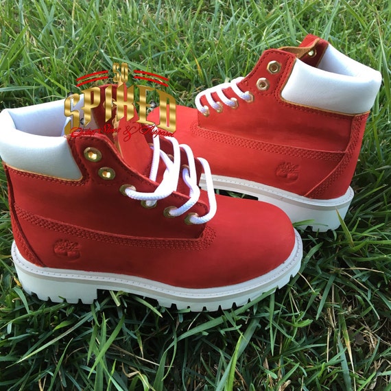 Custom Kids Red /White Timberlands by SpikedCons on Etsy