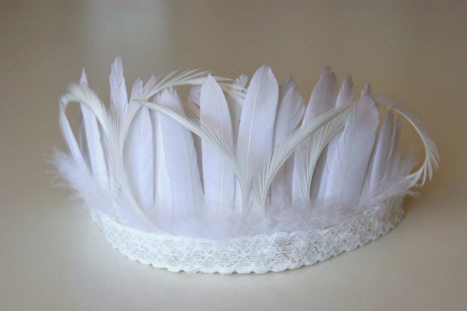 White Feather Crown with Biot Whisps on Lace Banding