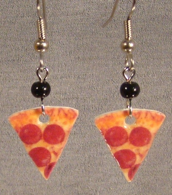 Pepperoni Pizza Slice dangle Earrings Food Earrings by afanaffair