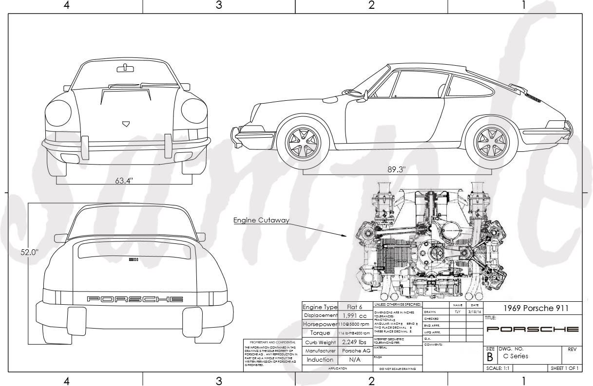 1969 Porsche 911 Engineering Drawing