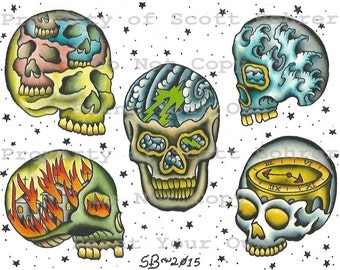 Skull tattoo flash | Etsy