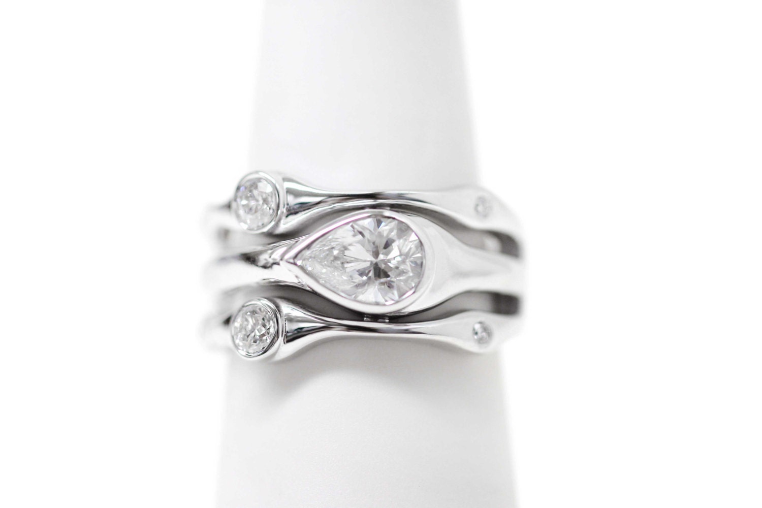 Horizontal Bezel Set Pear Shape Diamond Ring 14K Gold Bezel