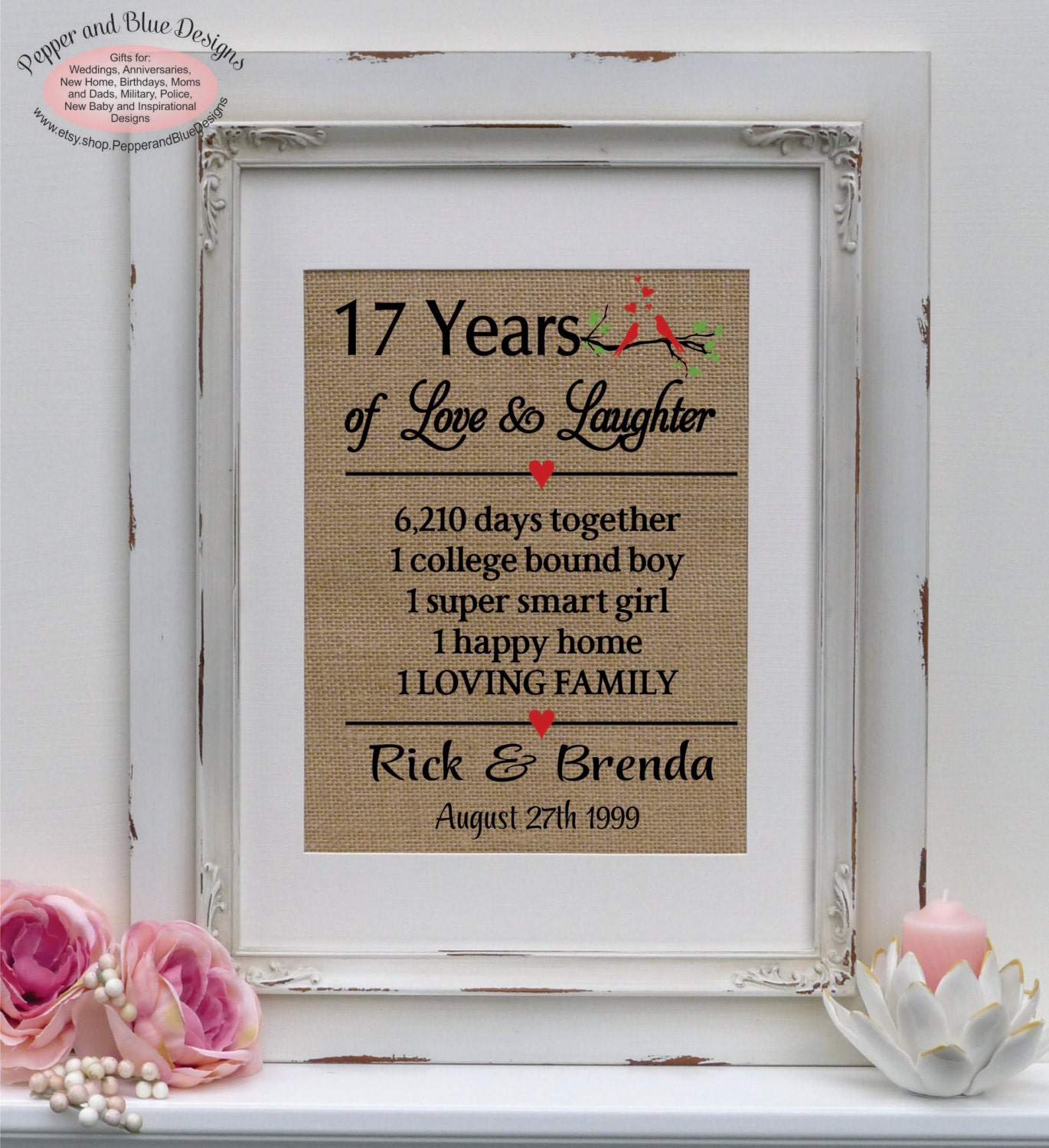 17th wedding anniversary gifts 17 years by PepperandBlueDesigns