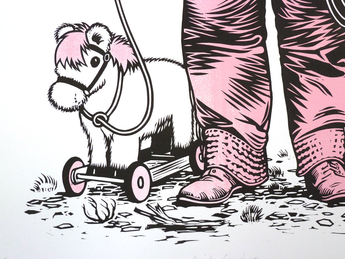 Pink Cowboy linocut original print